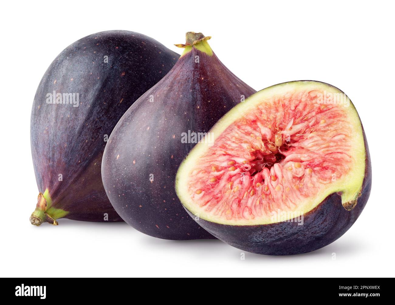 Isolated figs. Two whole and half fresh figs isolated on white, with ...