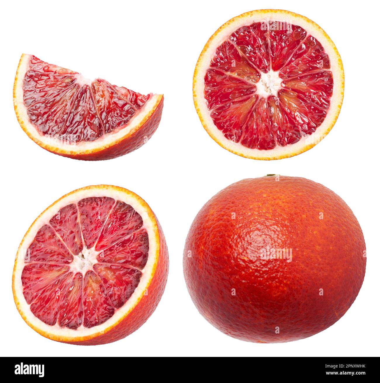 Blood orange collection. Whole, half, slice and a piece of red orange ...