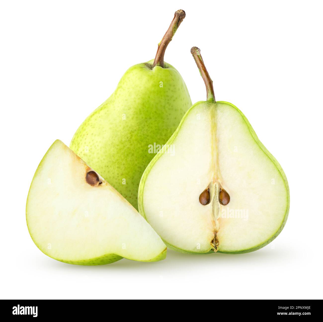 Isolated green pear fruits. Two green pears and a piece isolated on ...