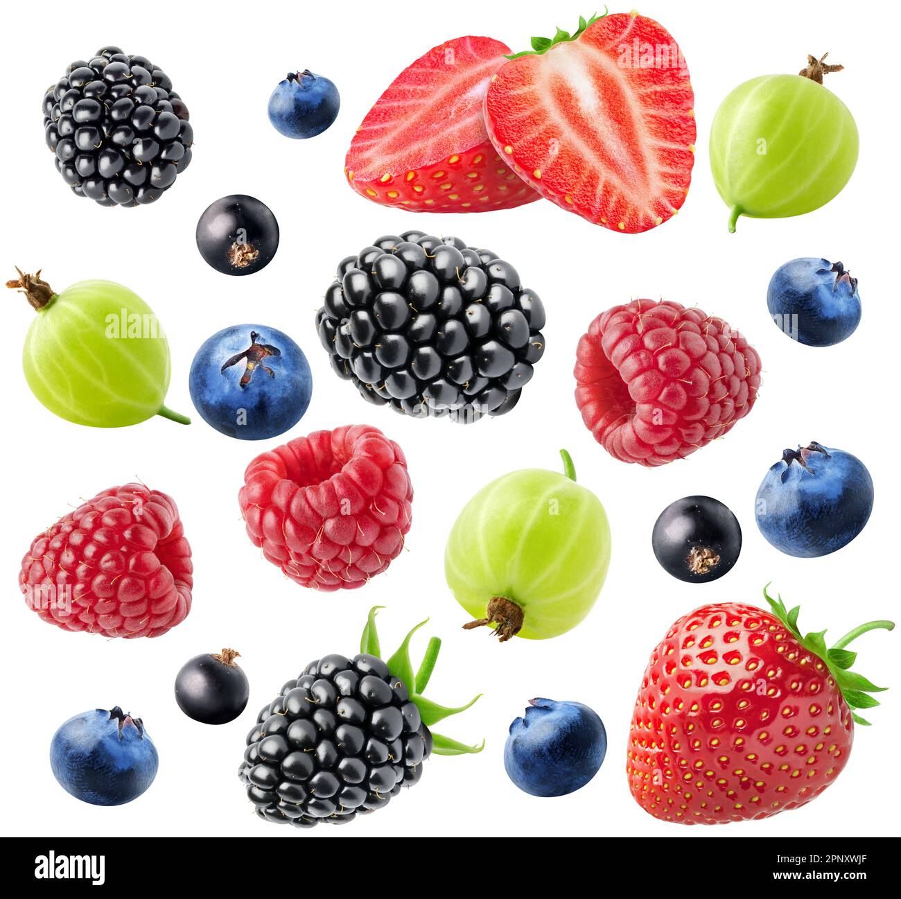 Isolated mixed fresh berries. A group of strawberry, blackberry ...