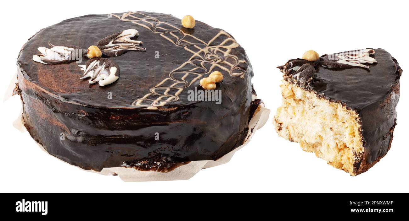 Chocolate cake with nuts. Birthday pie with slice isolated on white bakcground with clipping ...
