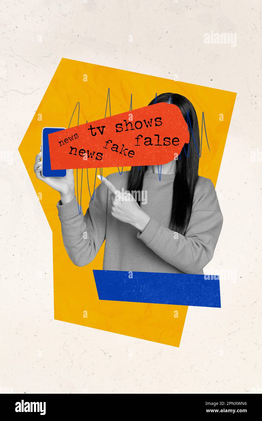 Poster banner collage of faceless weird person blogger pointing finger ...