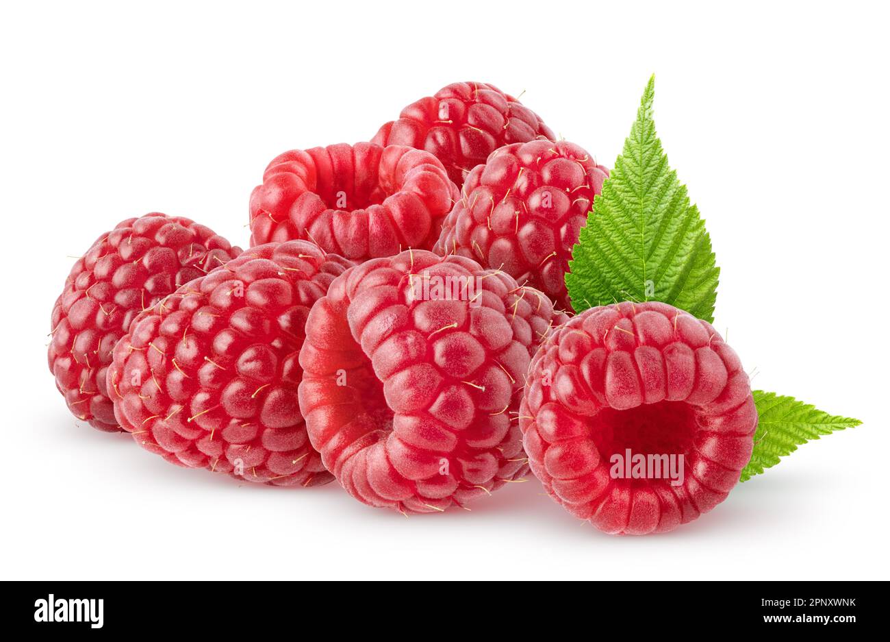 Isolated berries. Pile of raspberry fruits with leaves isolated on ...