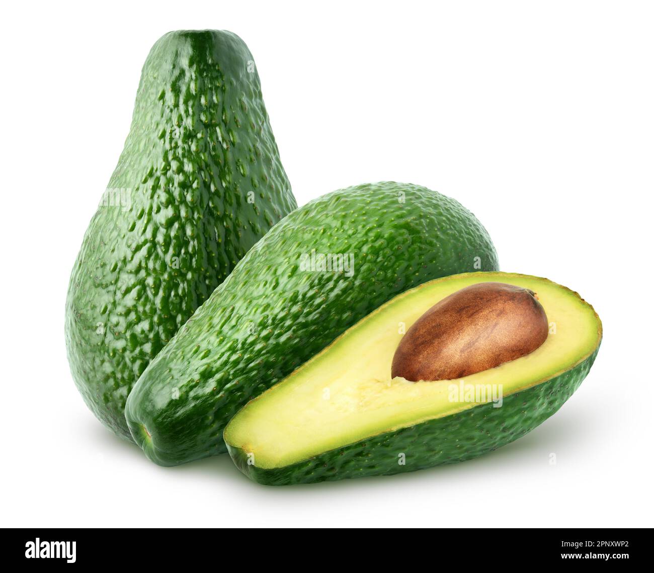 Isolated avocados. Two whole avocado with half fruits isolated on white ...