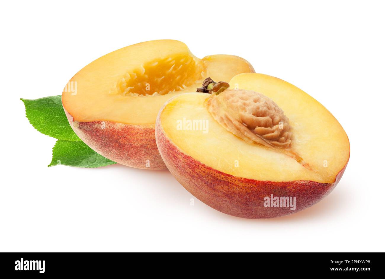Peach isolated. Two peach half slices fruits and leaves isolated on ...
