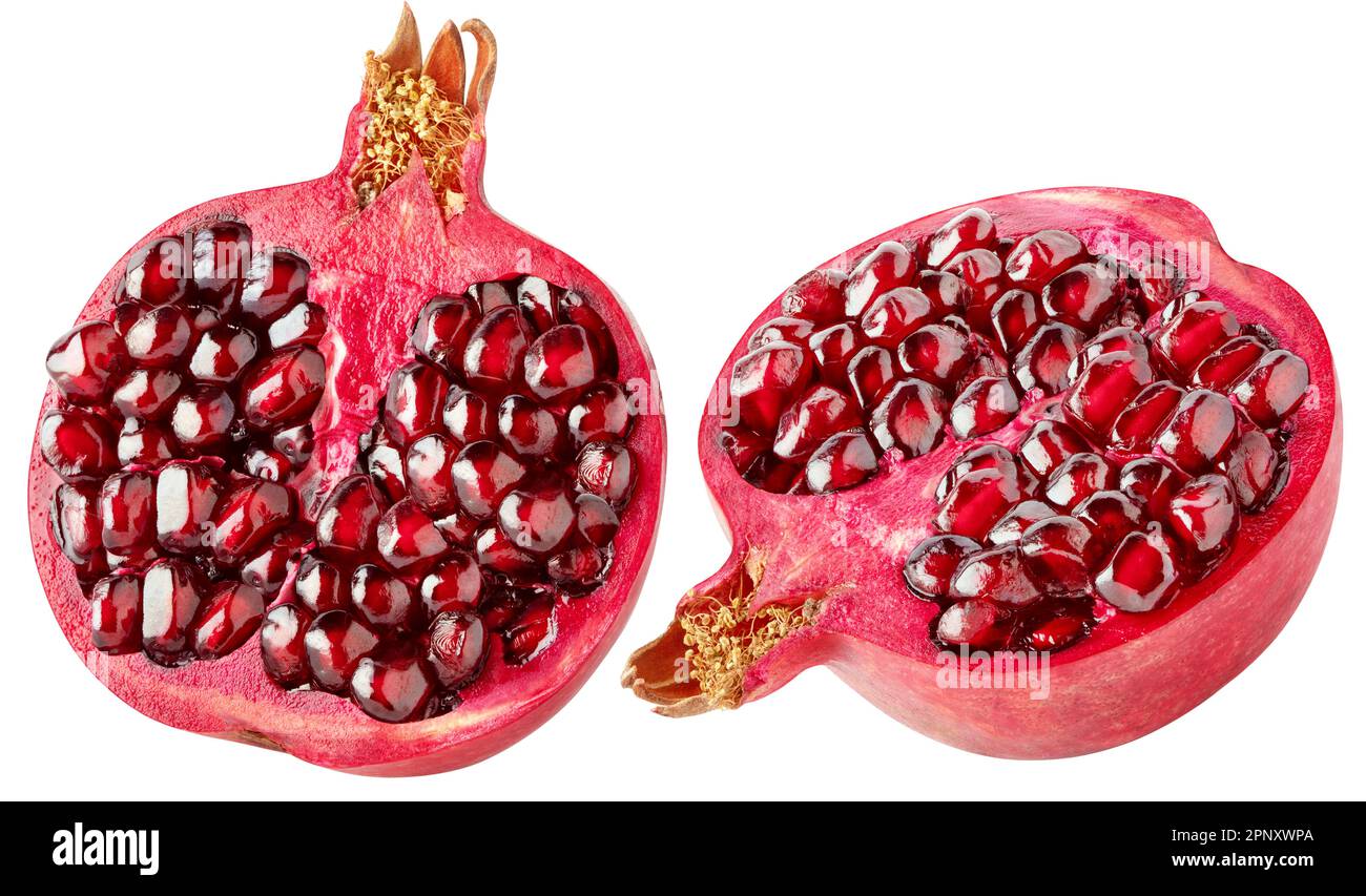 Isolated pomegranate. Cut red fleshed pomegranate fruit isolated on ...