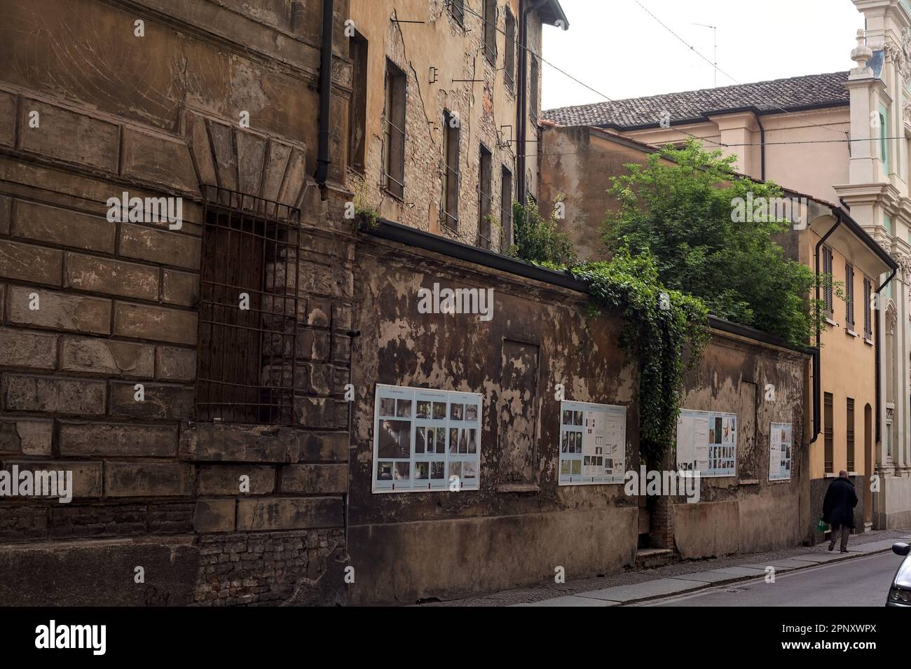 Facade of an abandoned building with a creeping plant on it in a street ...