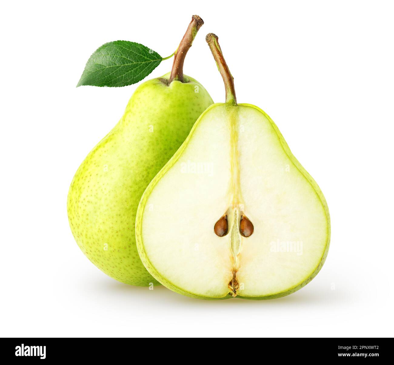 Isolated pears. Whole pear fruit and half with leaf isolated on white ...