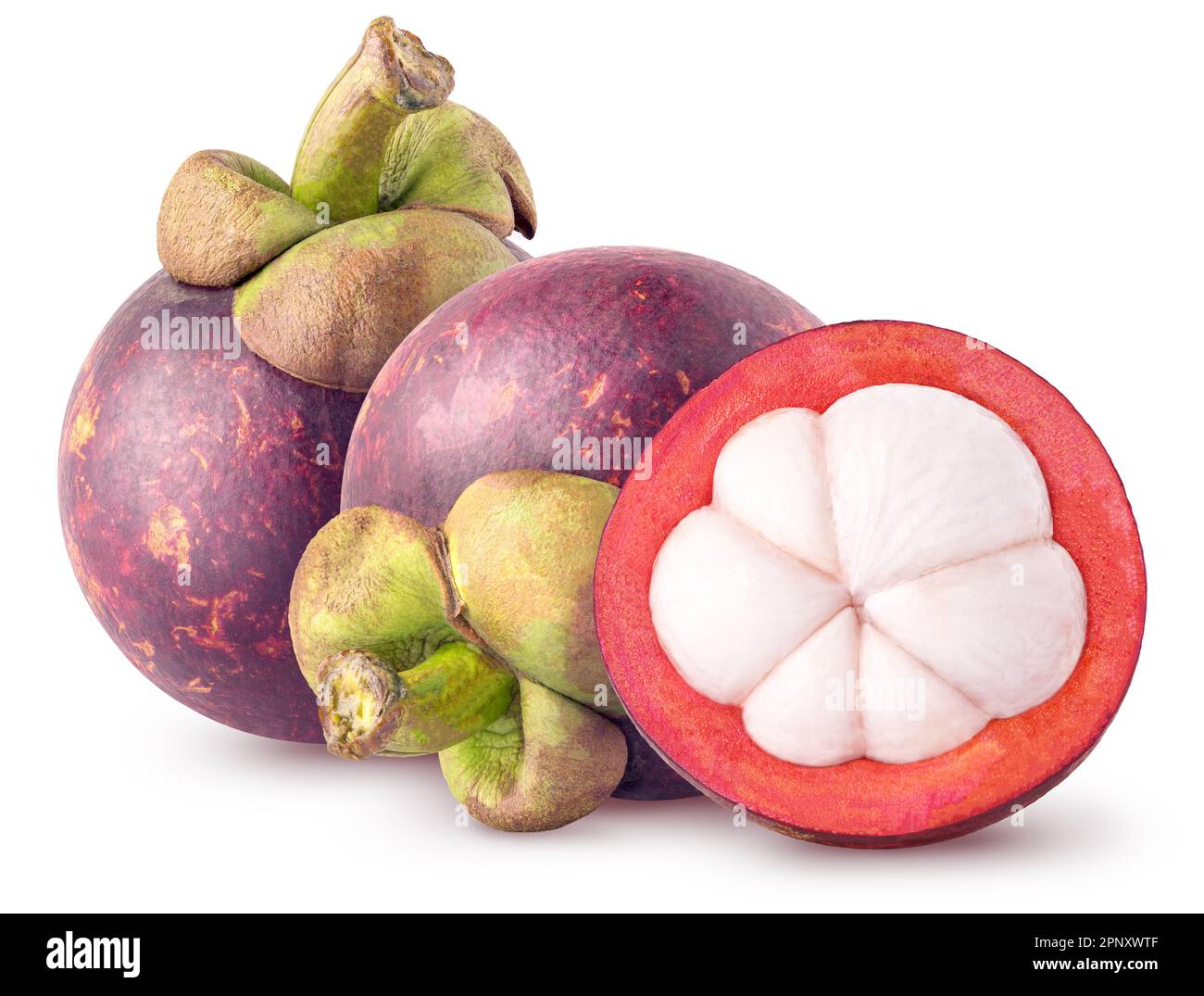 Isolated mangosteens. Two whole mangosteen fruits and half isolated on ...