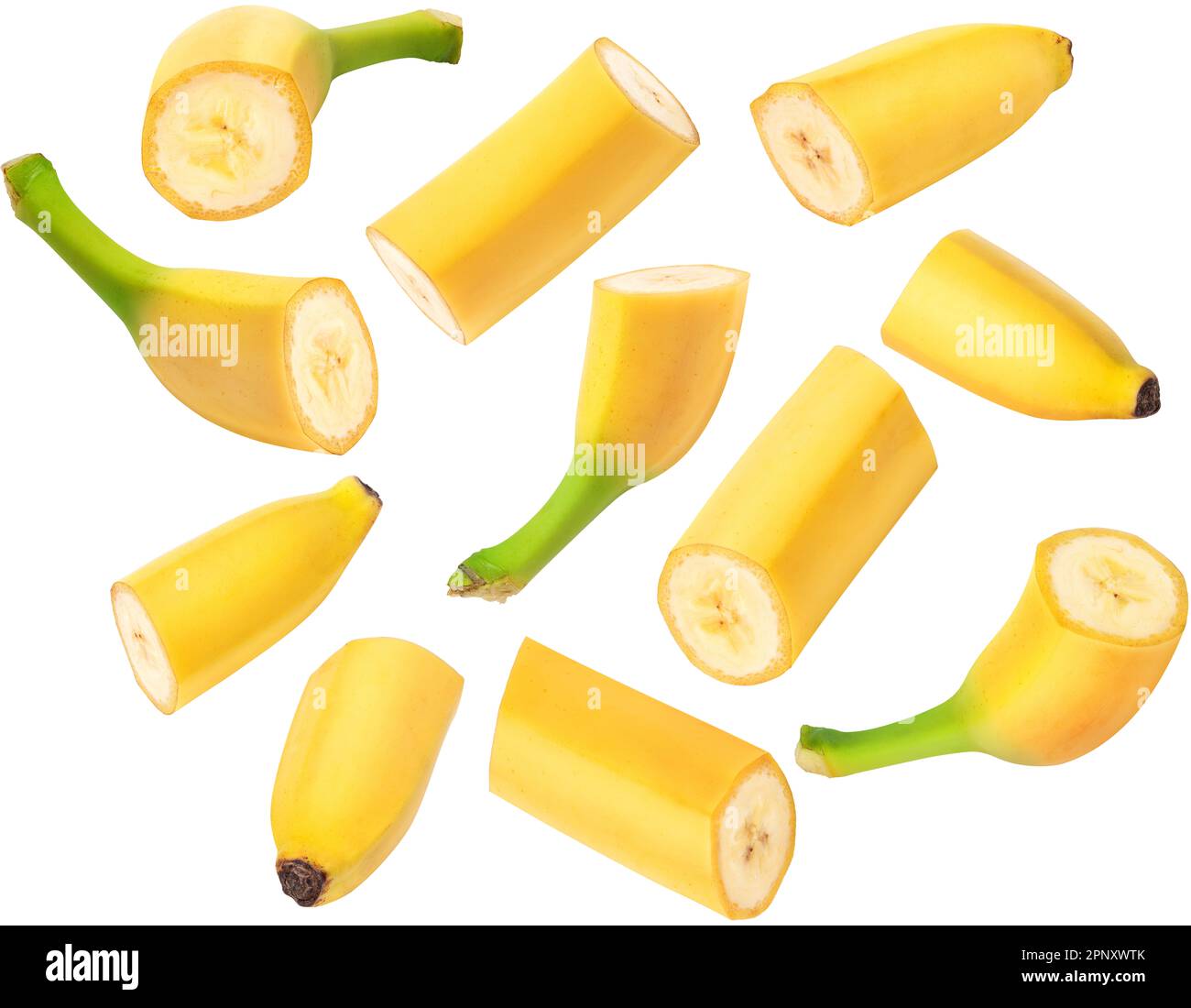 Isolated bananas. Collection of slised banana fruits isolated on white ...
