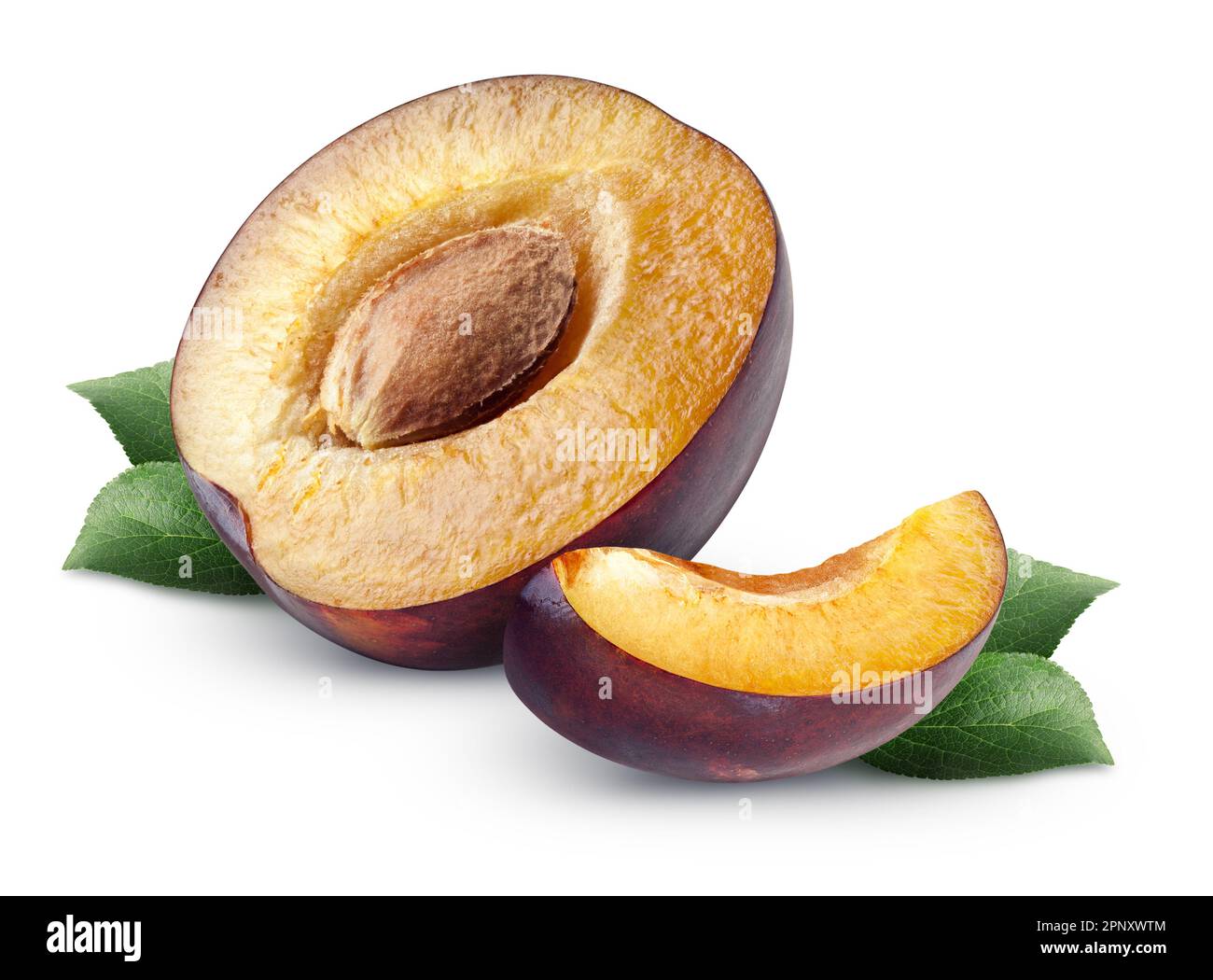 Isolated plums. Half and piece of blue plum fruit with leaves isolated ...