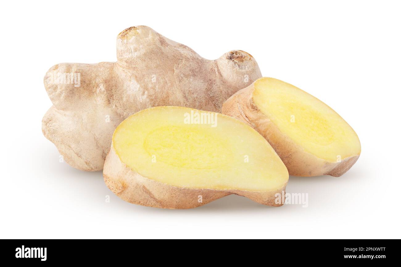 Isolated ginger. Piece of raw ginger with slices isolated on white ...