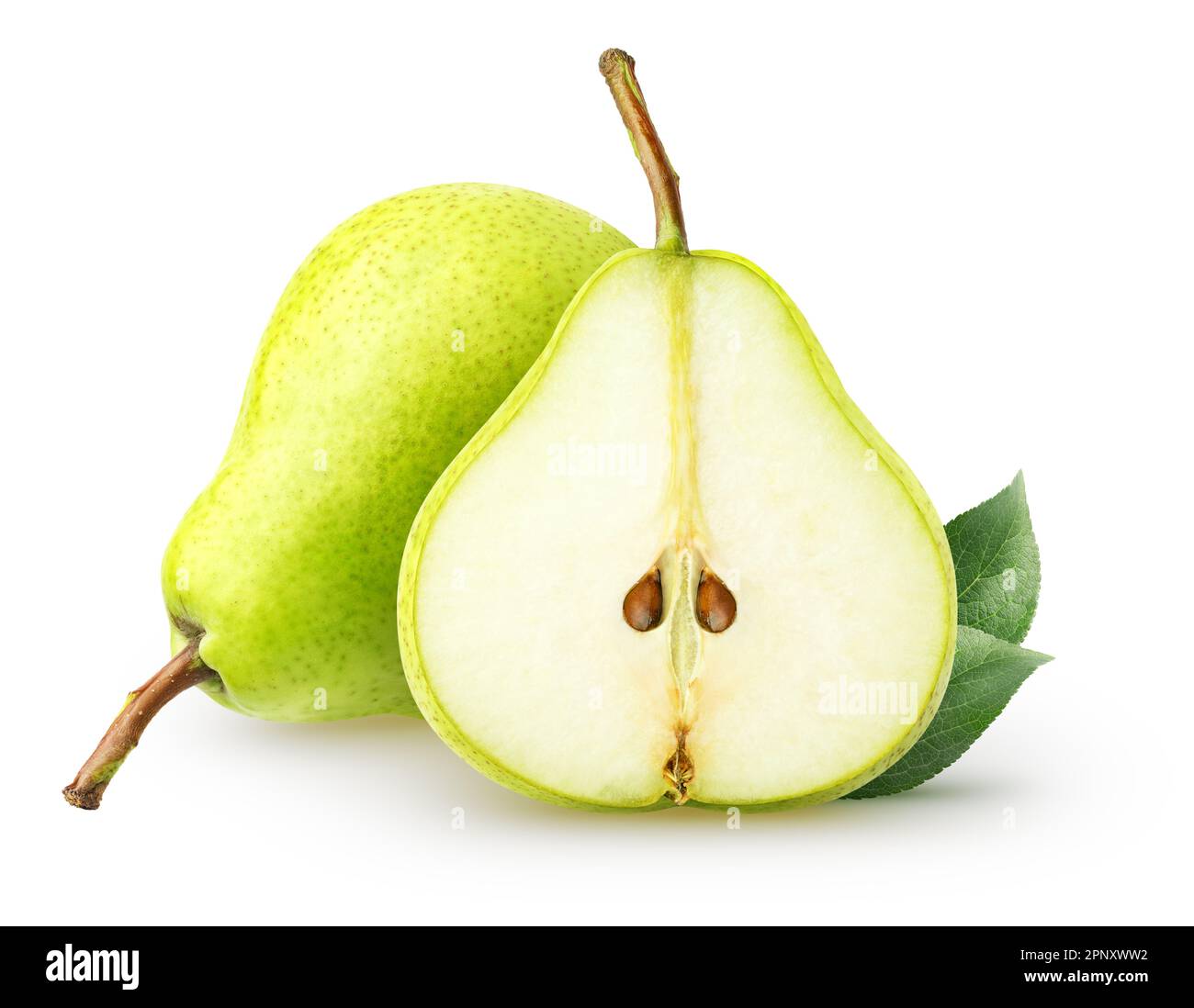Isolated pears. Whole pear fruit and slice with leaves isolated on ...