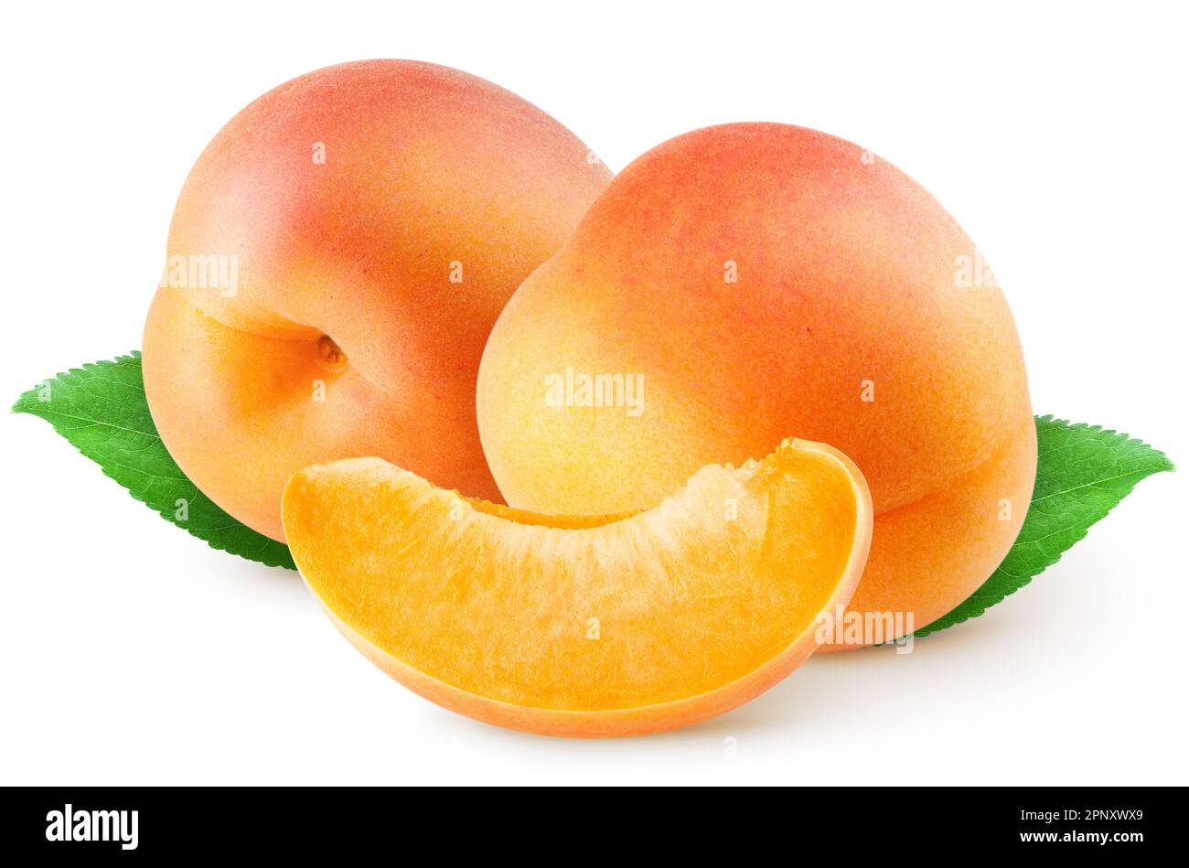 Isolated apricots. Two whole apricot fruit and piece with leaves ...