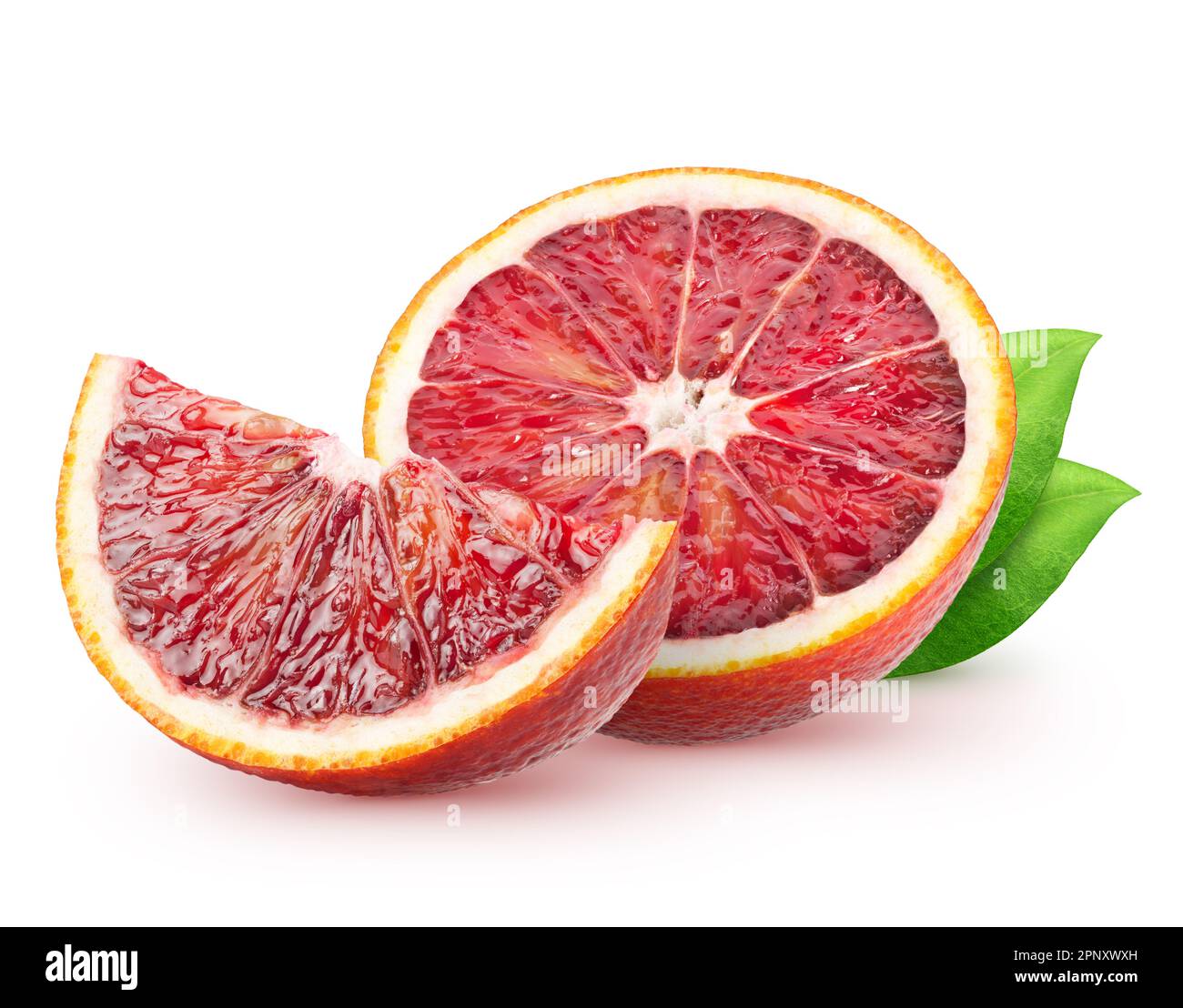 Isolated blood oranges. Half of red orange fruit and a piece with ...