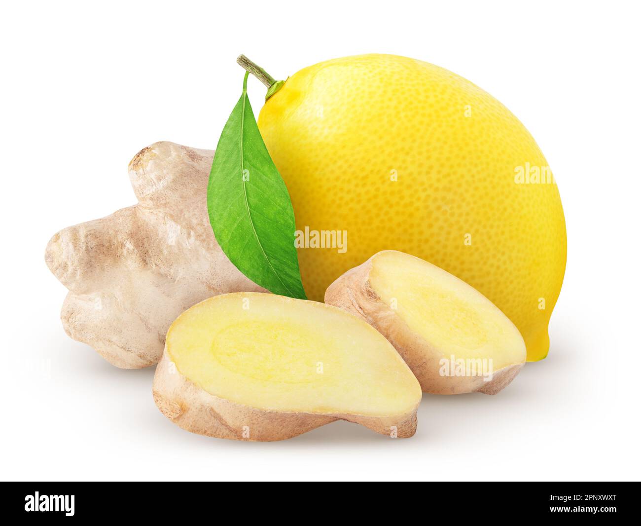 Isolated lemon and ginger. Raw ginger root with two slices and lemon ...