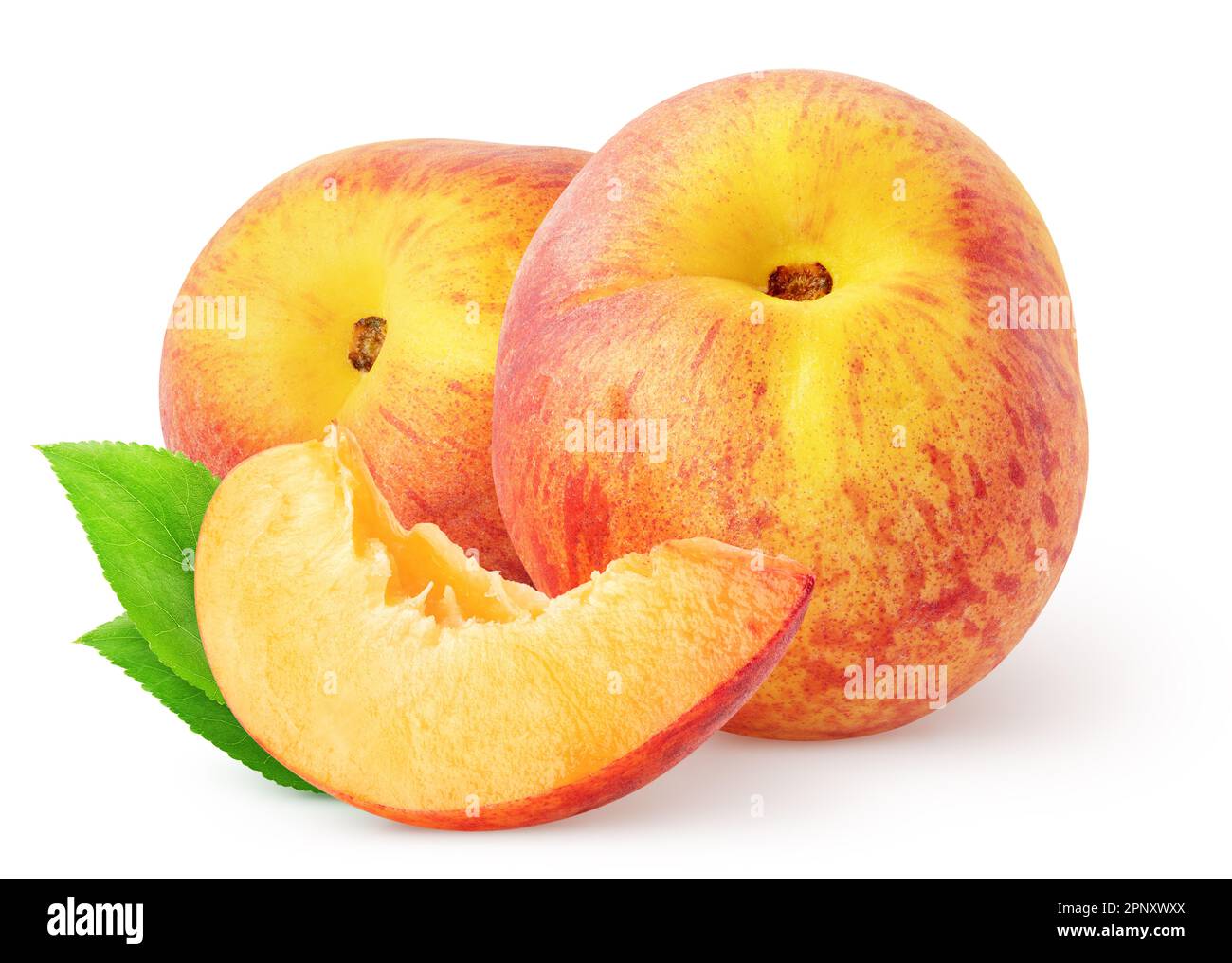 Isolated peaches. Two whole peach fruits and a slice with leaves ...