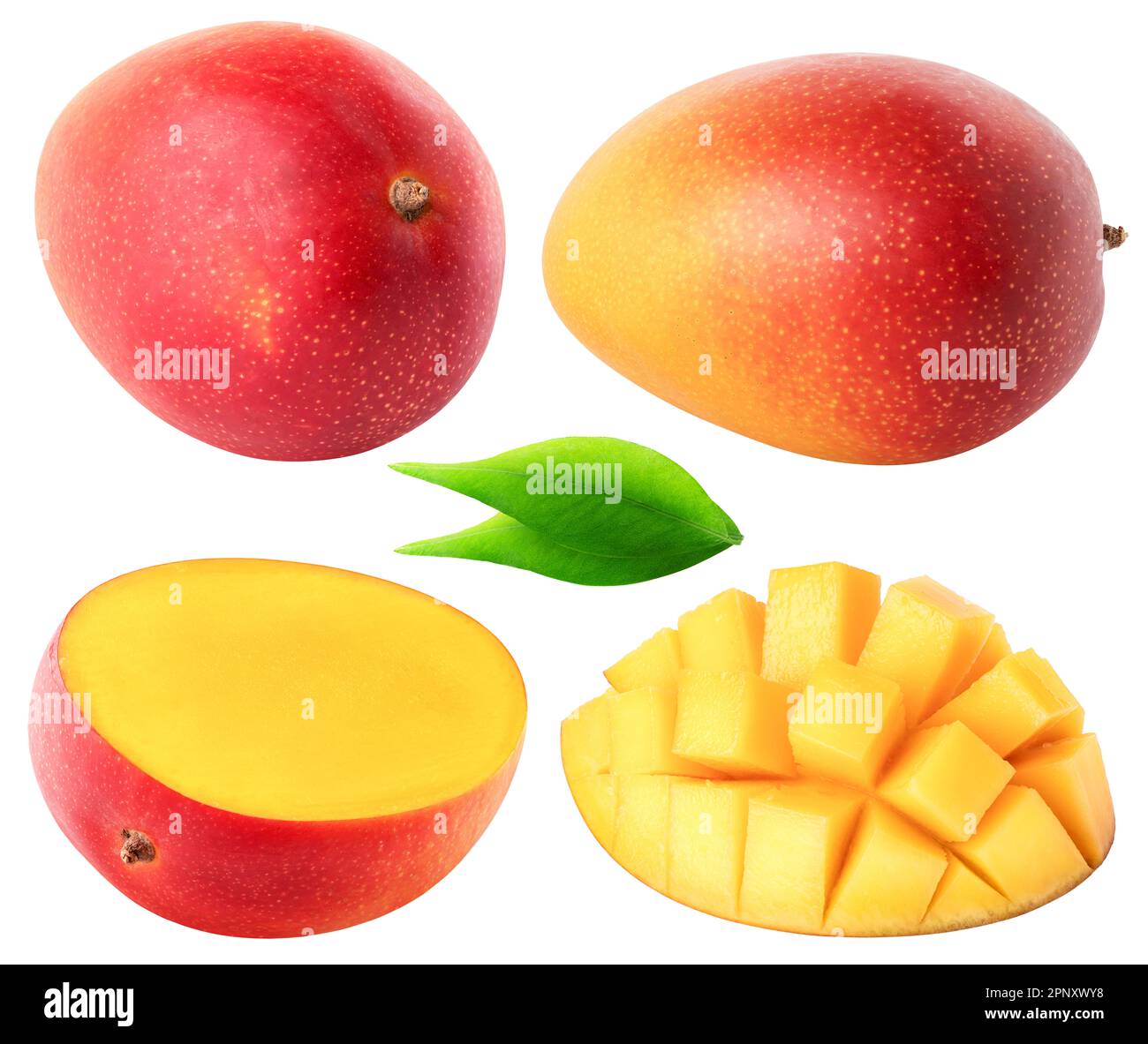 Isolated collection of mango. Whole, half, cubes of mango fruit with ...