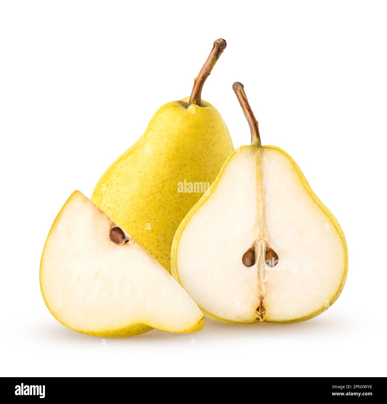 Isolated yellow pear fruits. Two pears and a piece isolated on white ...