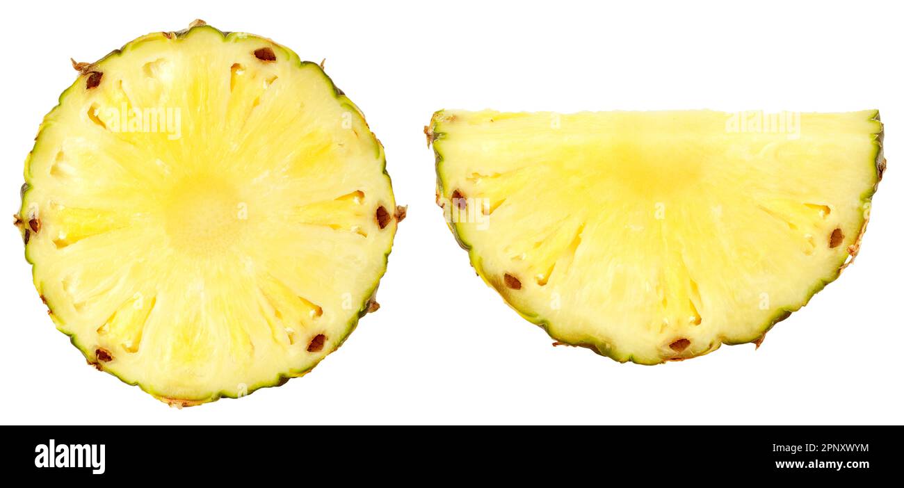 Isolated pineapple fruit slices. Two pineapple pieces isolated on white ...