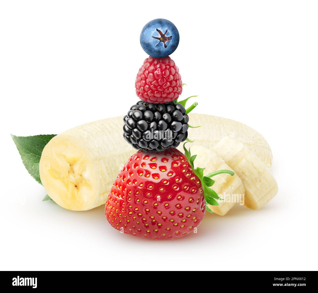 Bunch of fruits. Fruits for smoothie. Banana, strawberry, blueberry ...