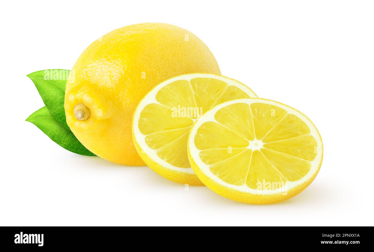 Isolated lemons. Whole lemon fruit and slices with leaves isolated on ...