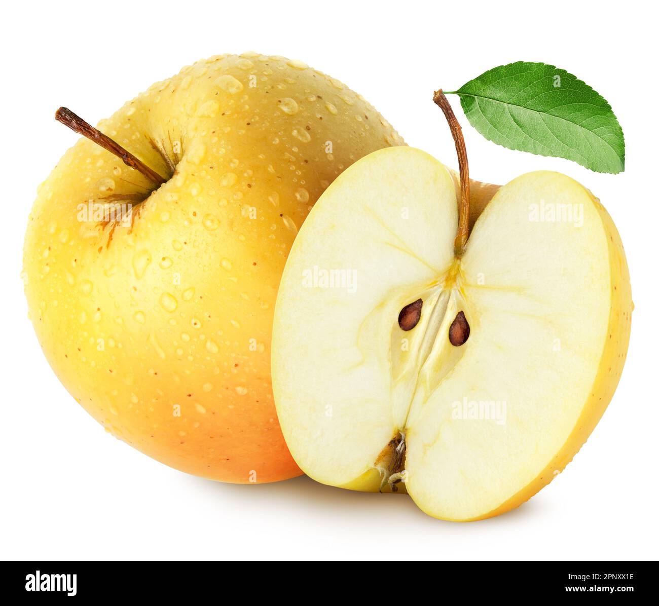 Isolated apples. Whole yellow (golden) apple fruit with half isolated ...