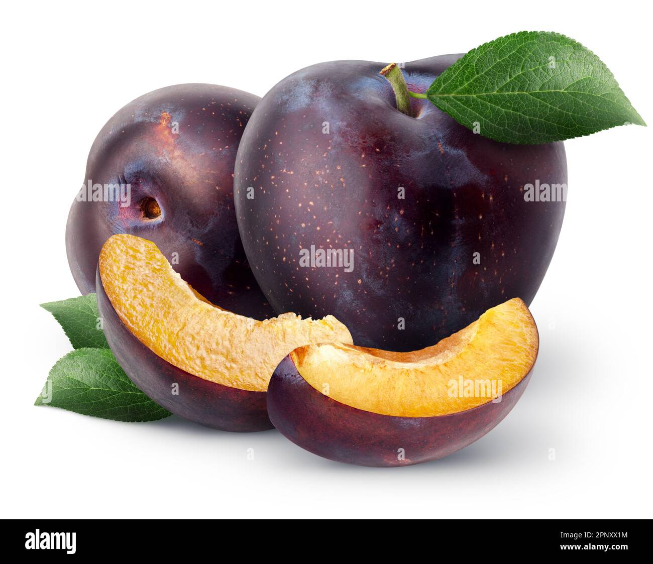 Isolated group of plums. Two whole and two pieces of plum fruit with leaves isolated on white ...