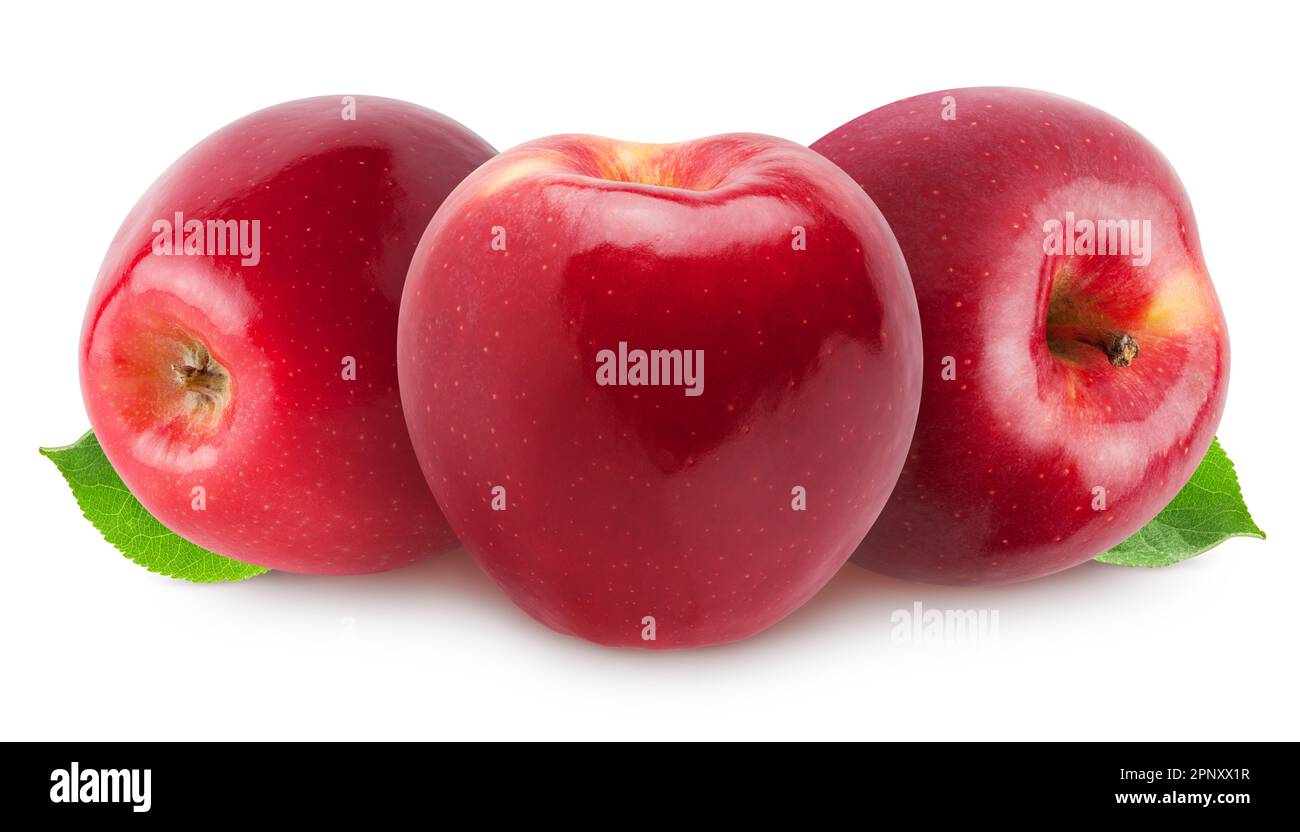 Isolated apples. Three whole red, pink apple fruits with leaves ...