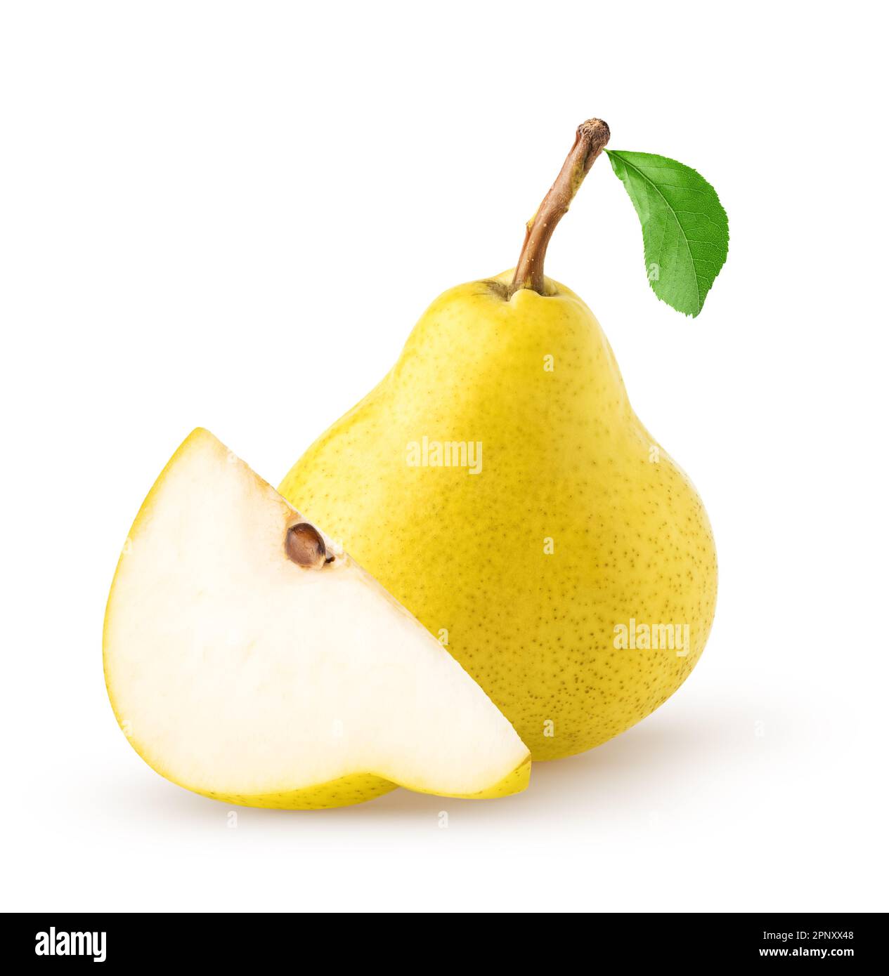 Isolated pears. Whole pear fruit with leaf and a piece isolated on ...