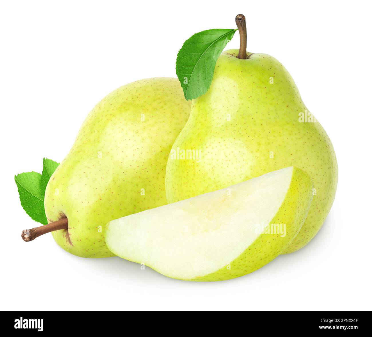 Two whole pear fruits with a cut isolated on white, clipping path Stock ...