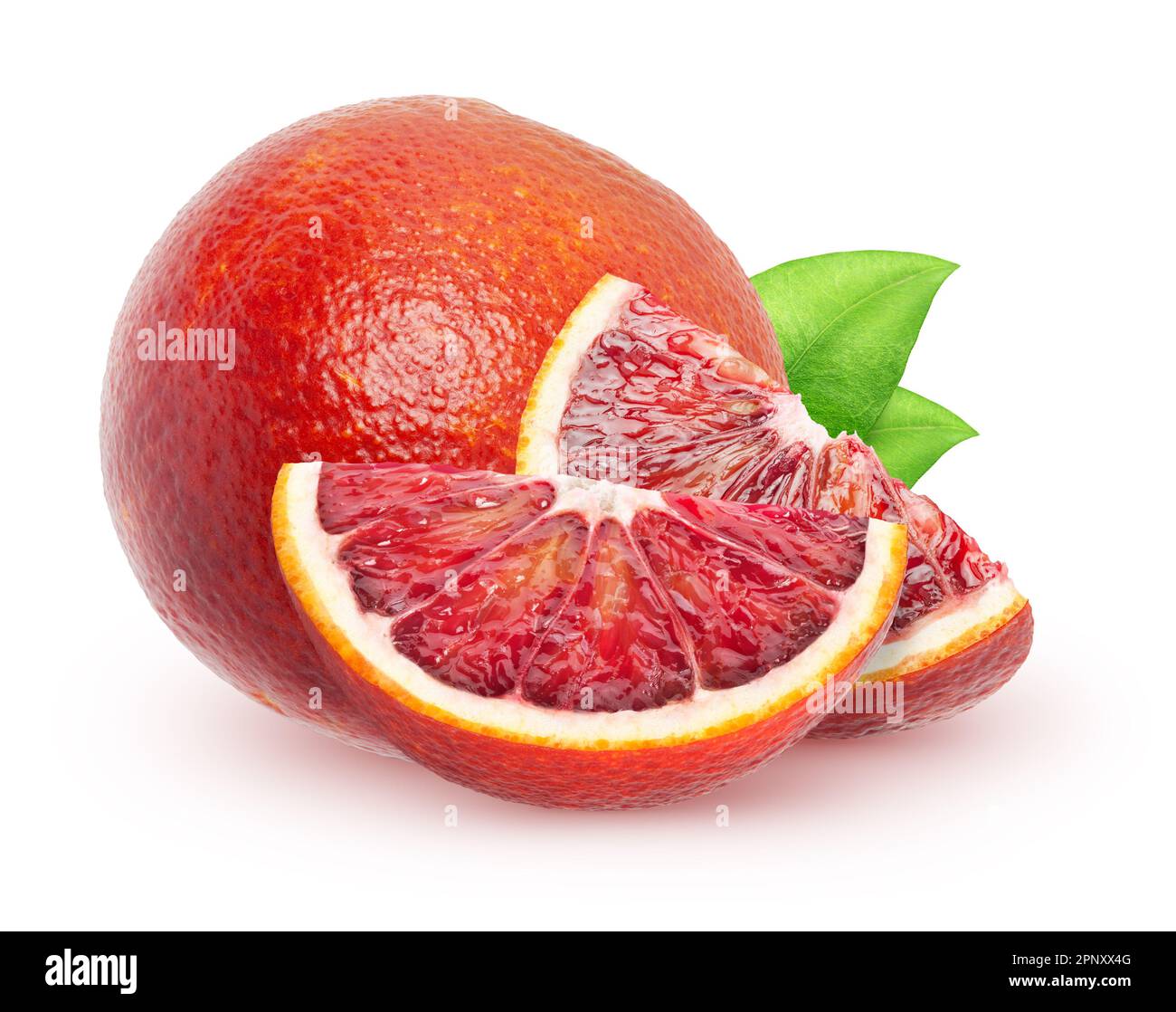 Isolated blood oranges. Whole red orange fruit and a pieces with leaves isolated on white ...