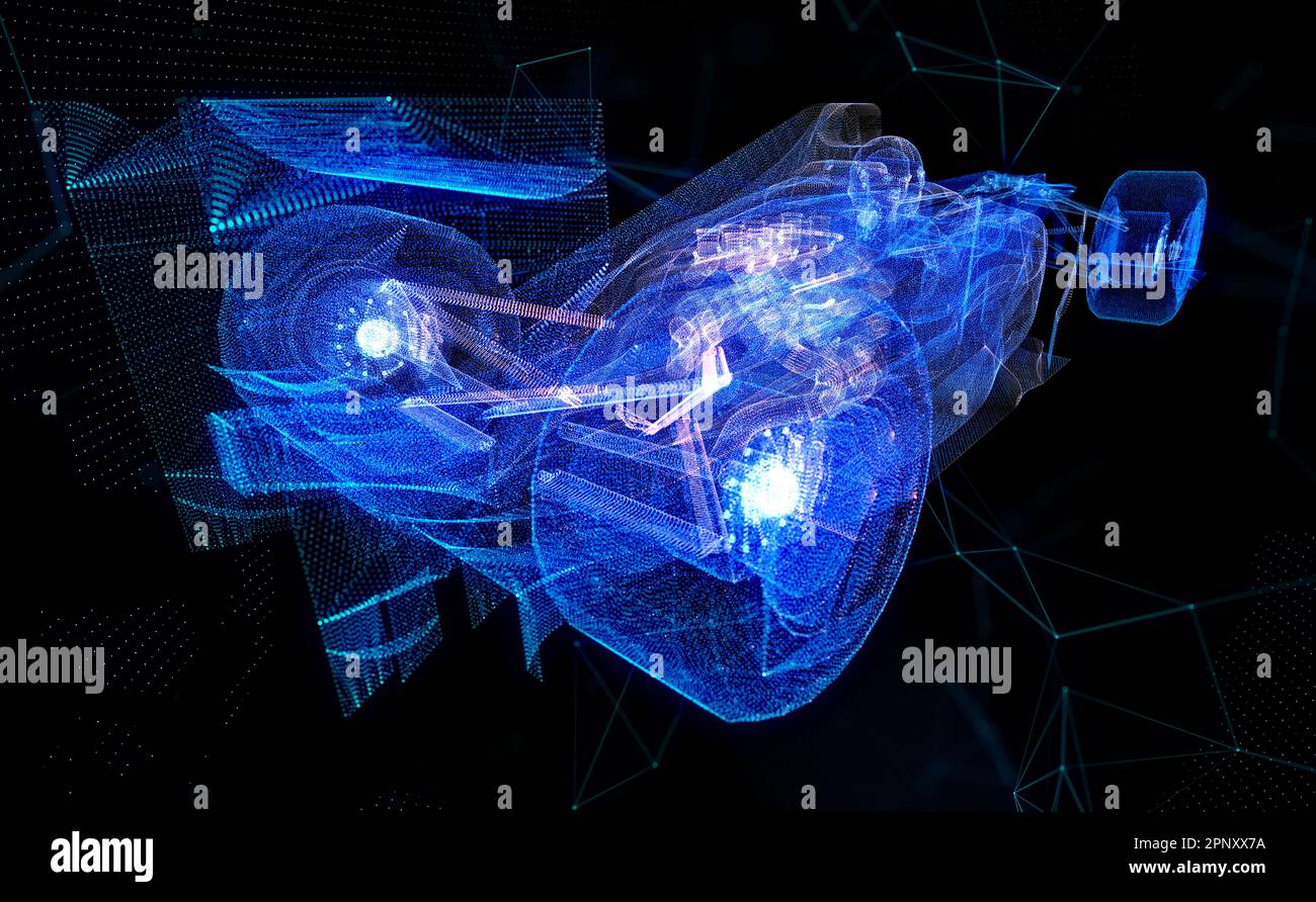 Formula one bolide. Particles formation Car virtual model. Digital car ...