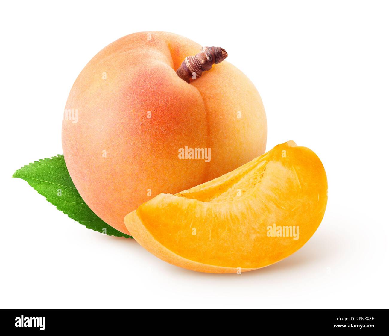 Isolated apricots. Whole apricot fruit and piece with leaf isolated on ...