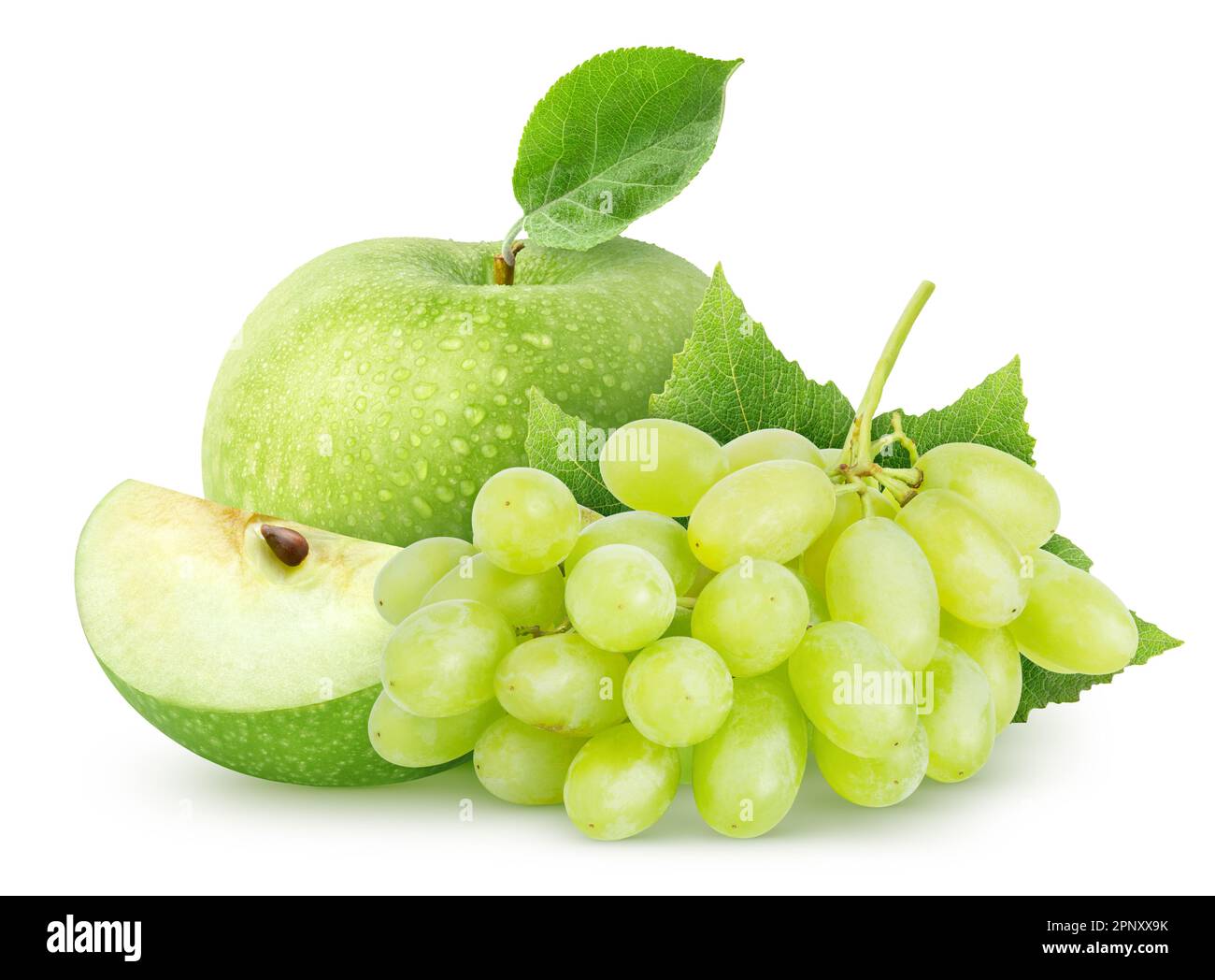 Isolated fruits. Whole wet apple fruit and a piece with green (yellow ...