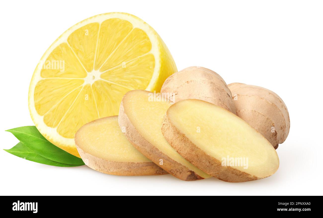 Raw ginger root with slices and half of lemon fruit isolated on white ...