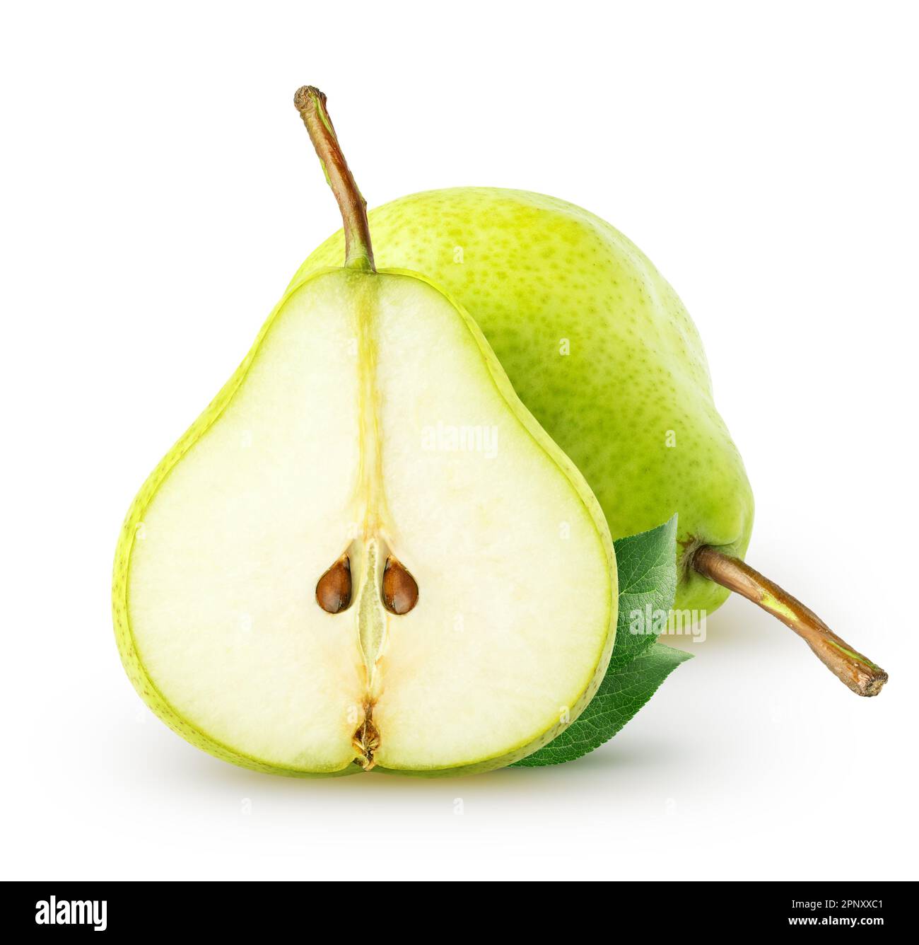 Isolated pears. Whole pear fruit and slice with leaves isolated on ...