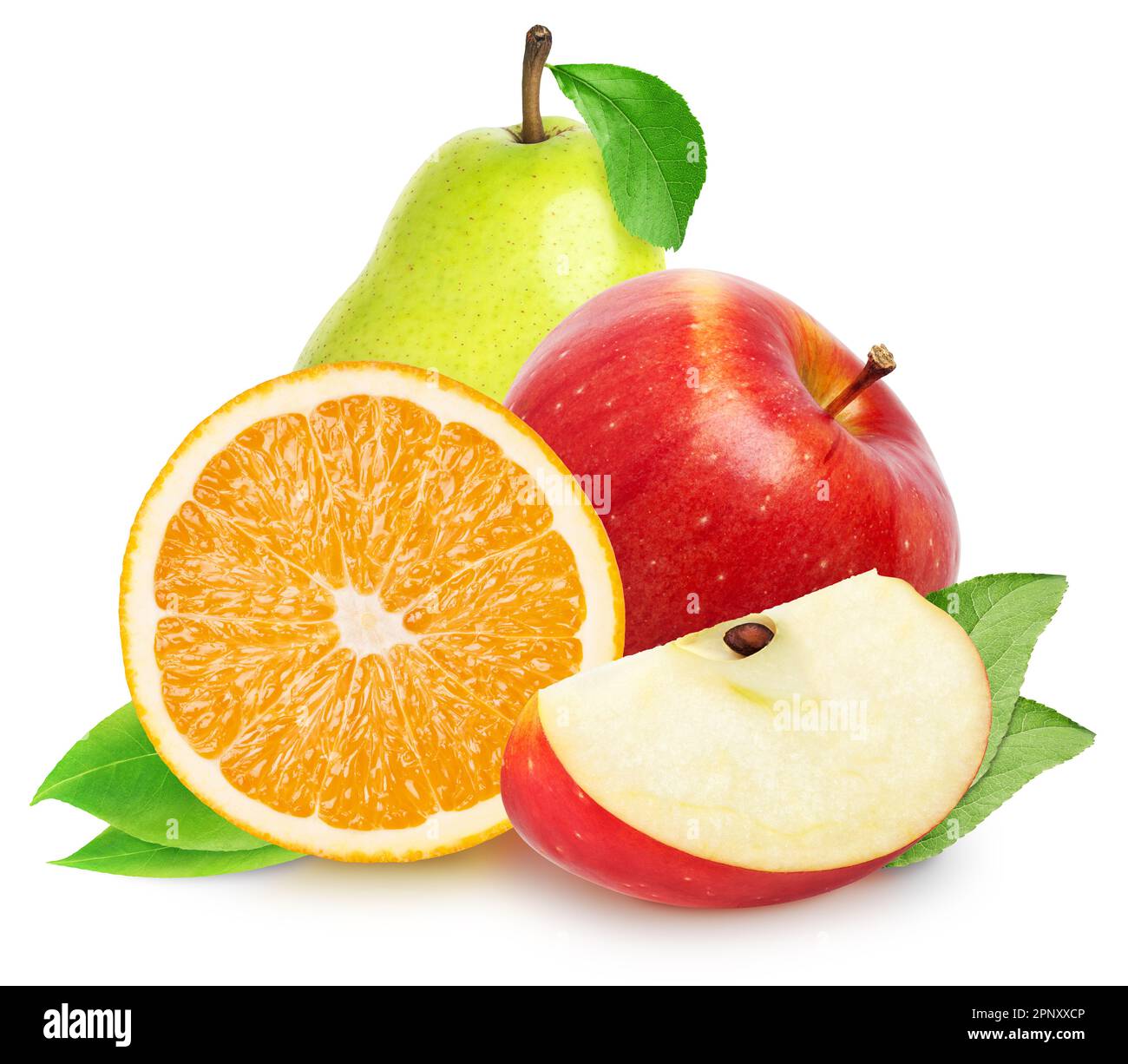 Isolated fruits. Red apple fruit with orange slice with pear isolated ...