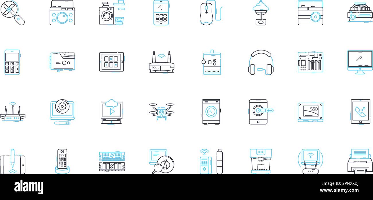 Digital devices linear icons set. Smartph, Tablet, Laptop, Computer, Camera, Gaming, Headphs ...