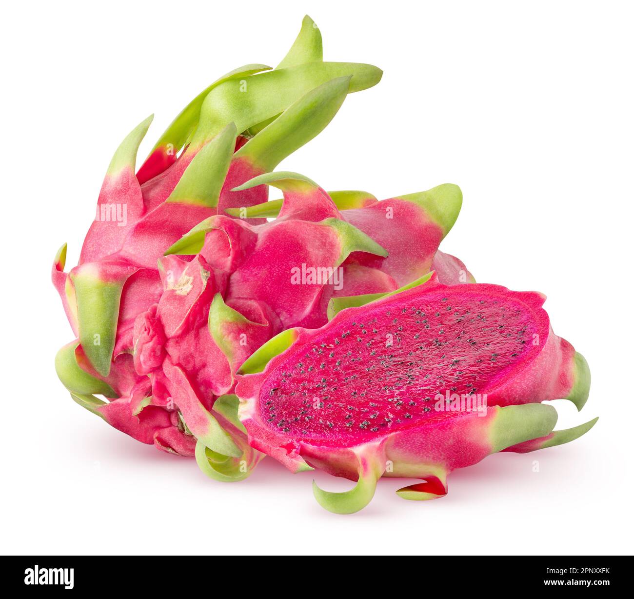Isolated dragonfruit. Two whole and half of red pitahaya fruits ...