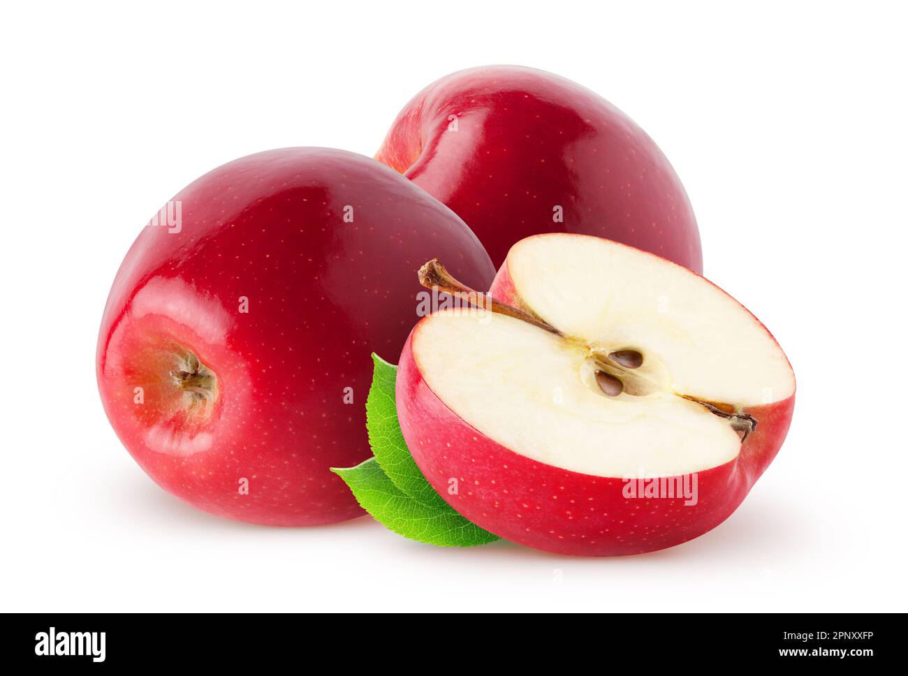 Isolated apples. Two whole red, pink apple fruits and half with leaves ...