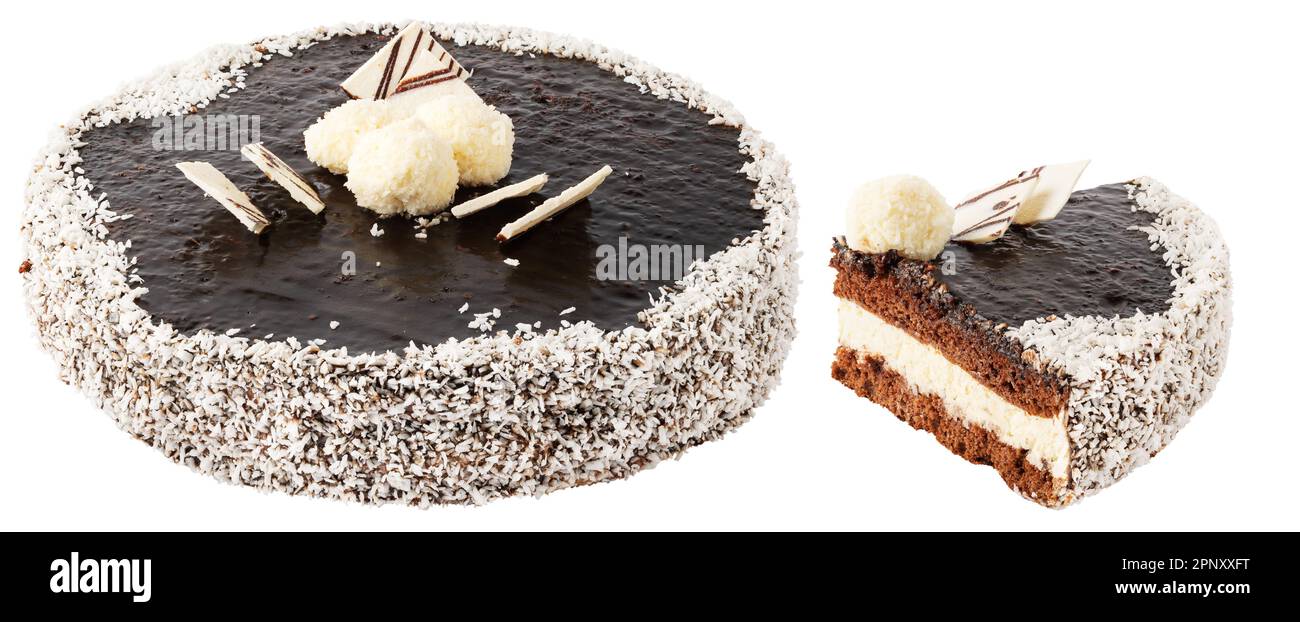 Cake with chocolate and coconut flakes. Birthday pie with white ...