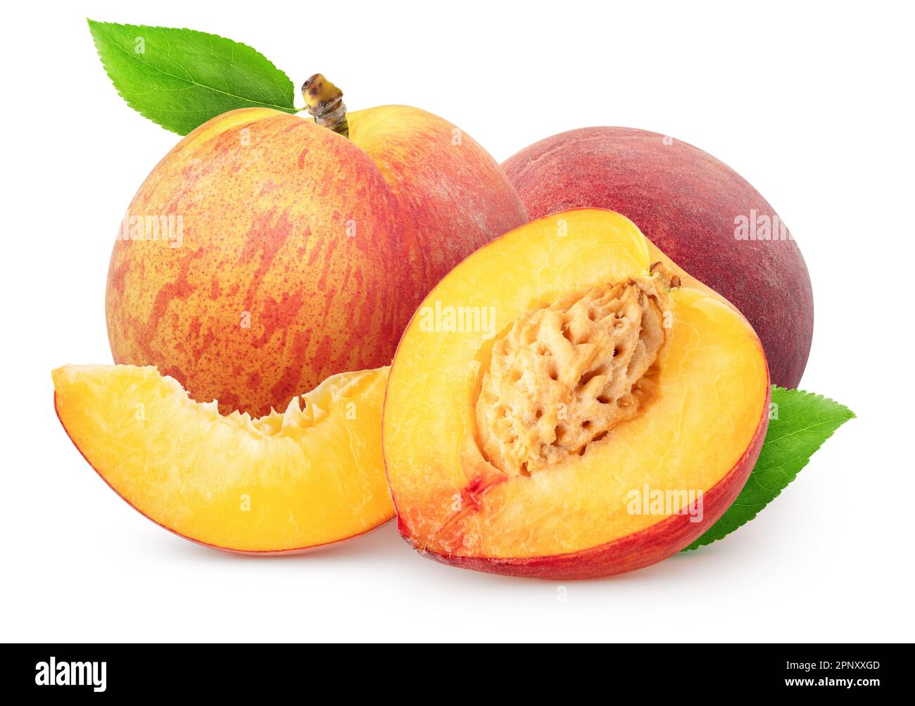 Isolated group of peaches. Two whole peach fruits, piece, half with ...