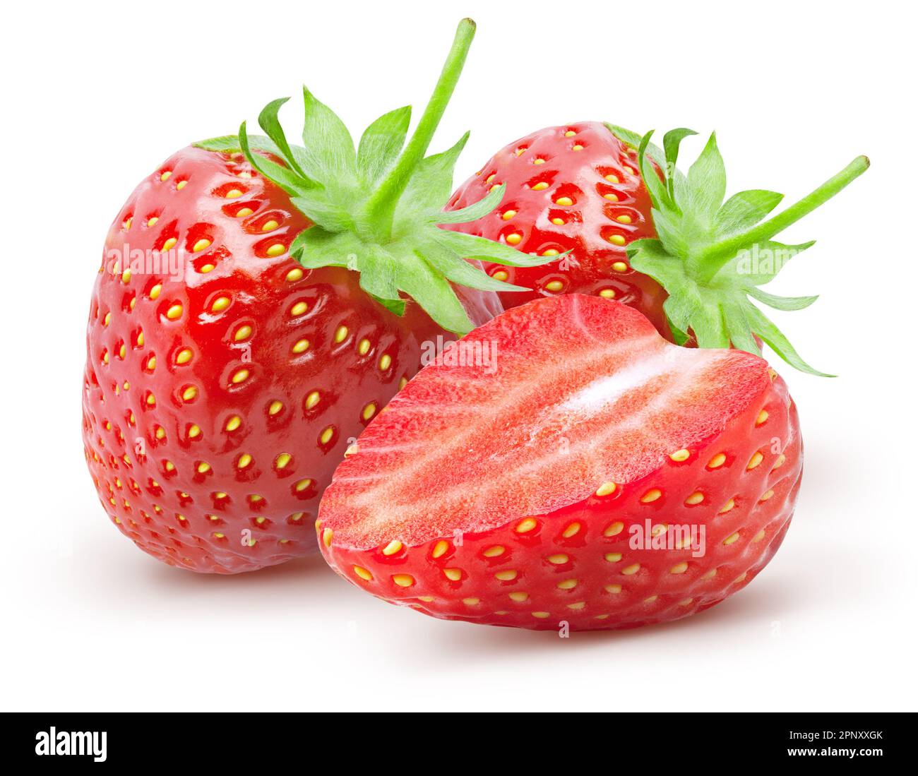Isolated strawberries. Two whole strawberry fruits and half isolated on ...