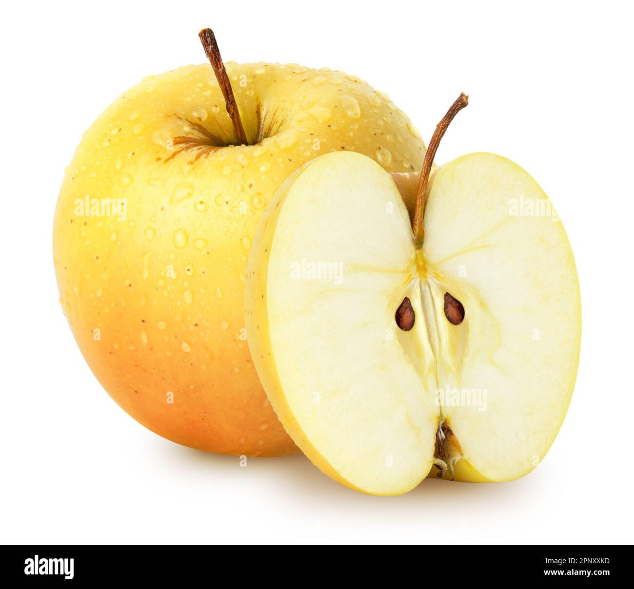 Isolated apples. Whole yellow (golden) apple fruit with half isolated ...