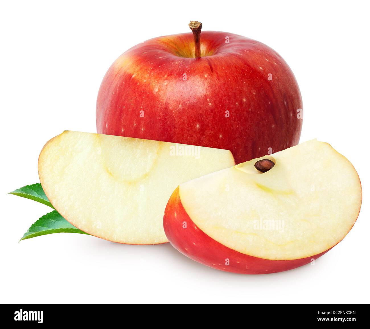 Isolated apples. Whole red apple fruit with slice (cut) with leaves ...
