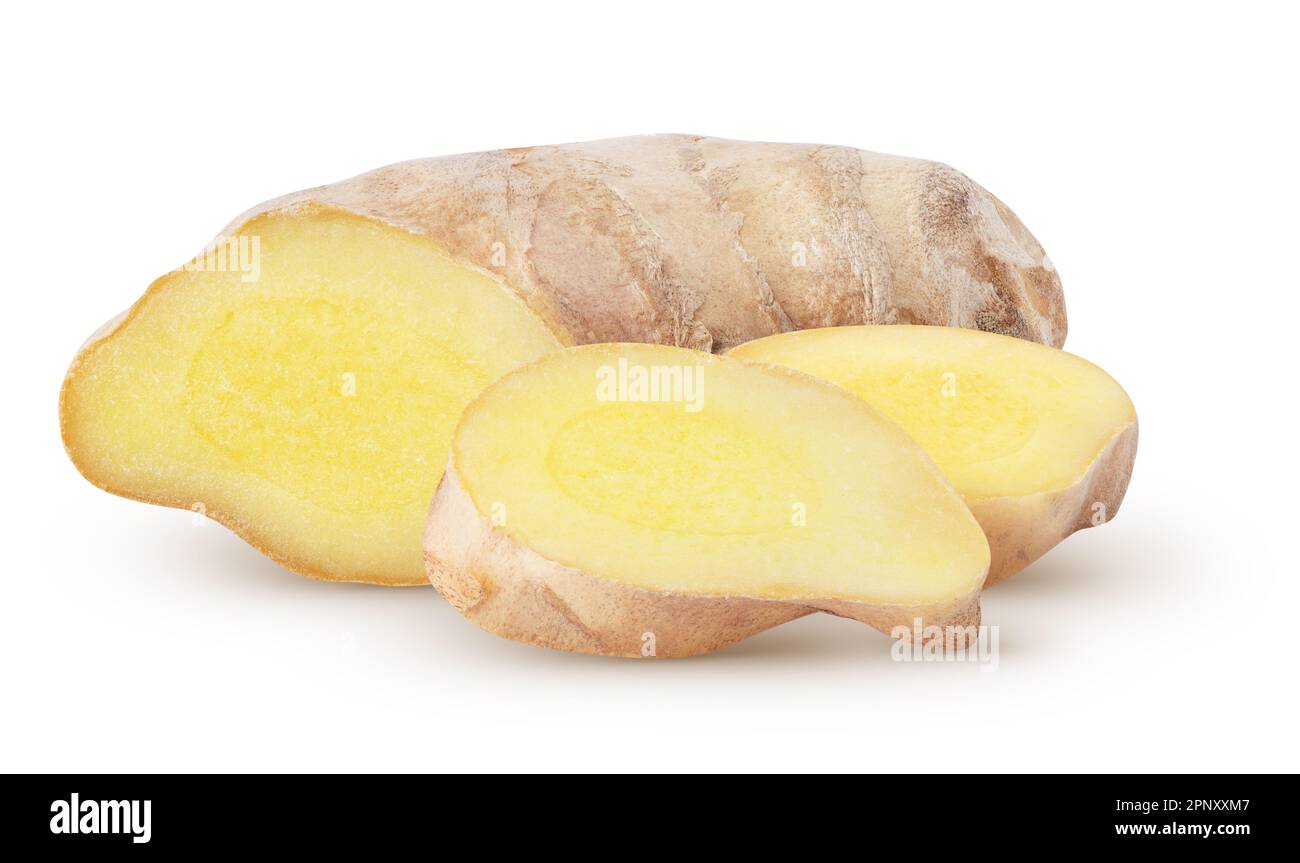 Isolated ginger. Raw ginger root with slices isolated on white ...