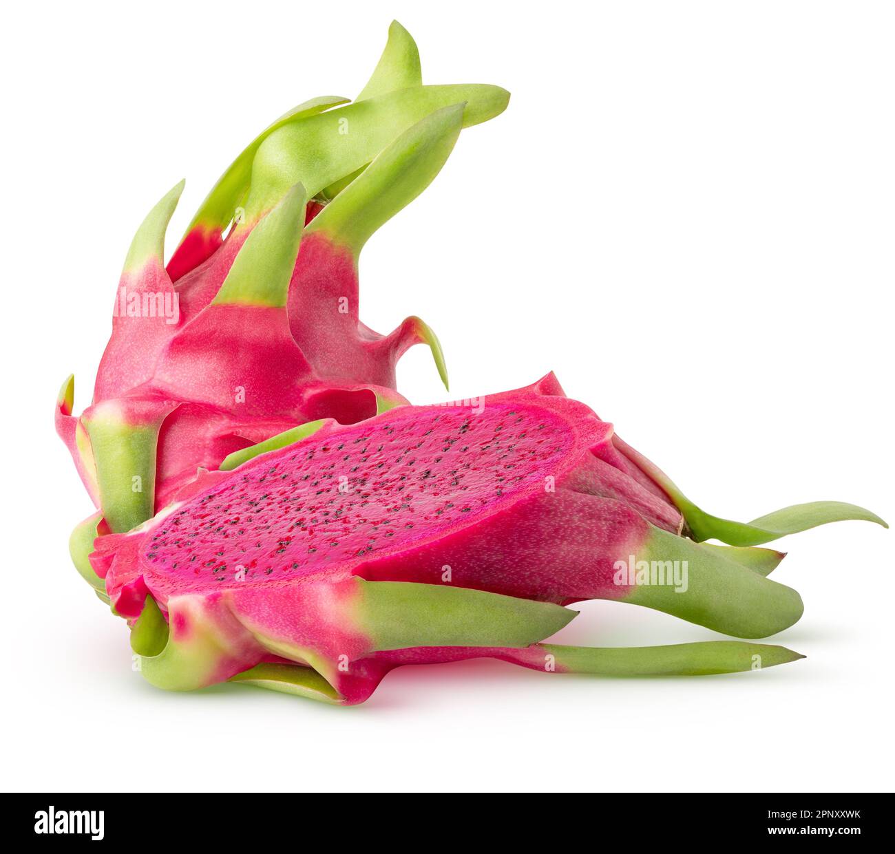 Isolated dragonfruit. Raw red pitahaya fruit and cut (half) isolated on ...