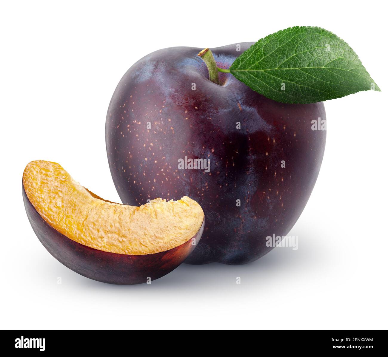 Isolated plums. Whole and piece of blue plum fruit with leaf isolated ...