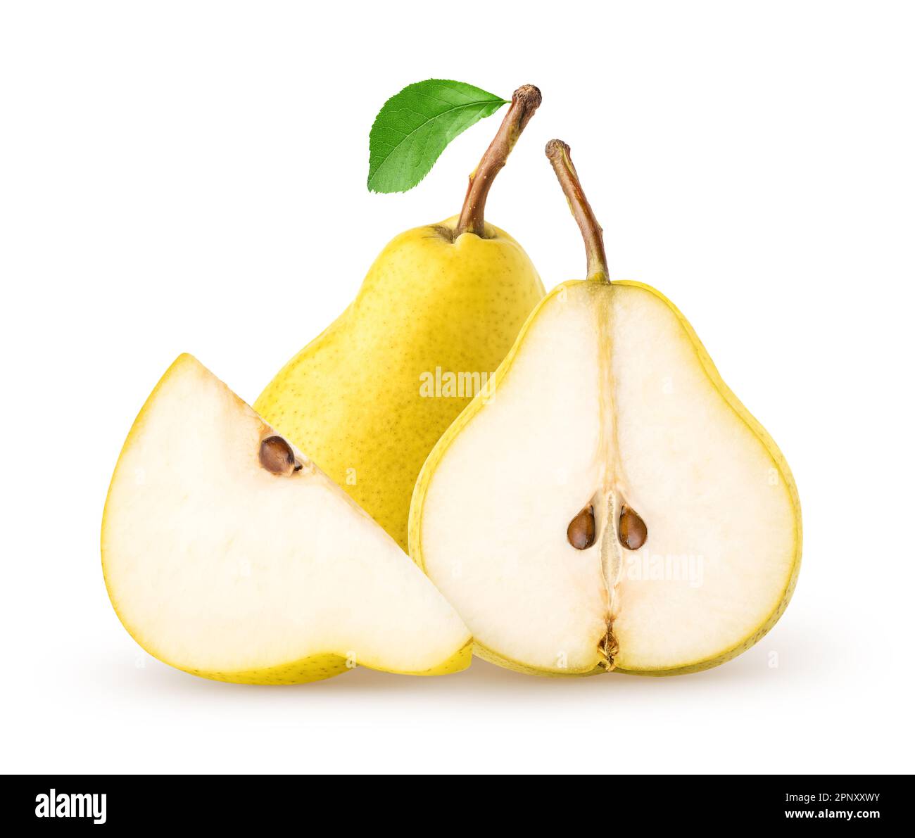 Isolated pears. Whole, half and a piece of pear fruit with leaf ...